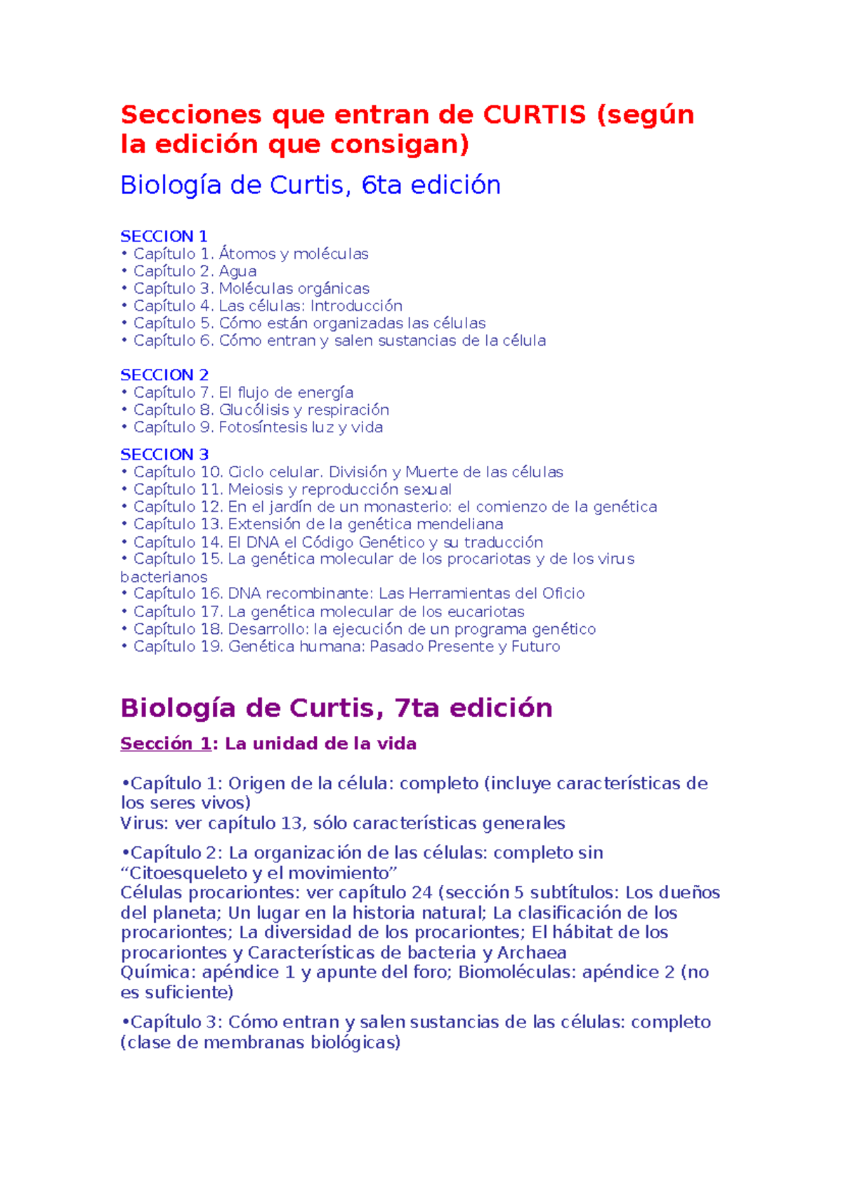 Capítulos libro Curtis - Secciones que entran de CURTIS (según la ...