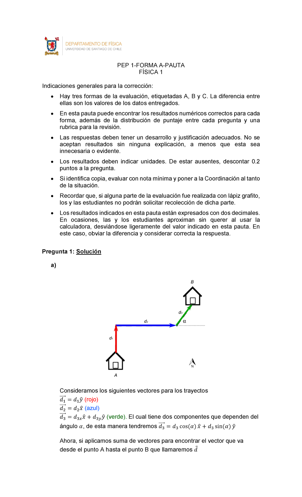 Fisica 1- Pauta PEP1 - PEP 1-FORMA A-PAUTA FÍSICA 1 Indicaciones generales para la corrección ...