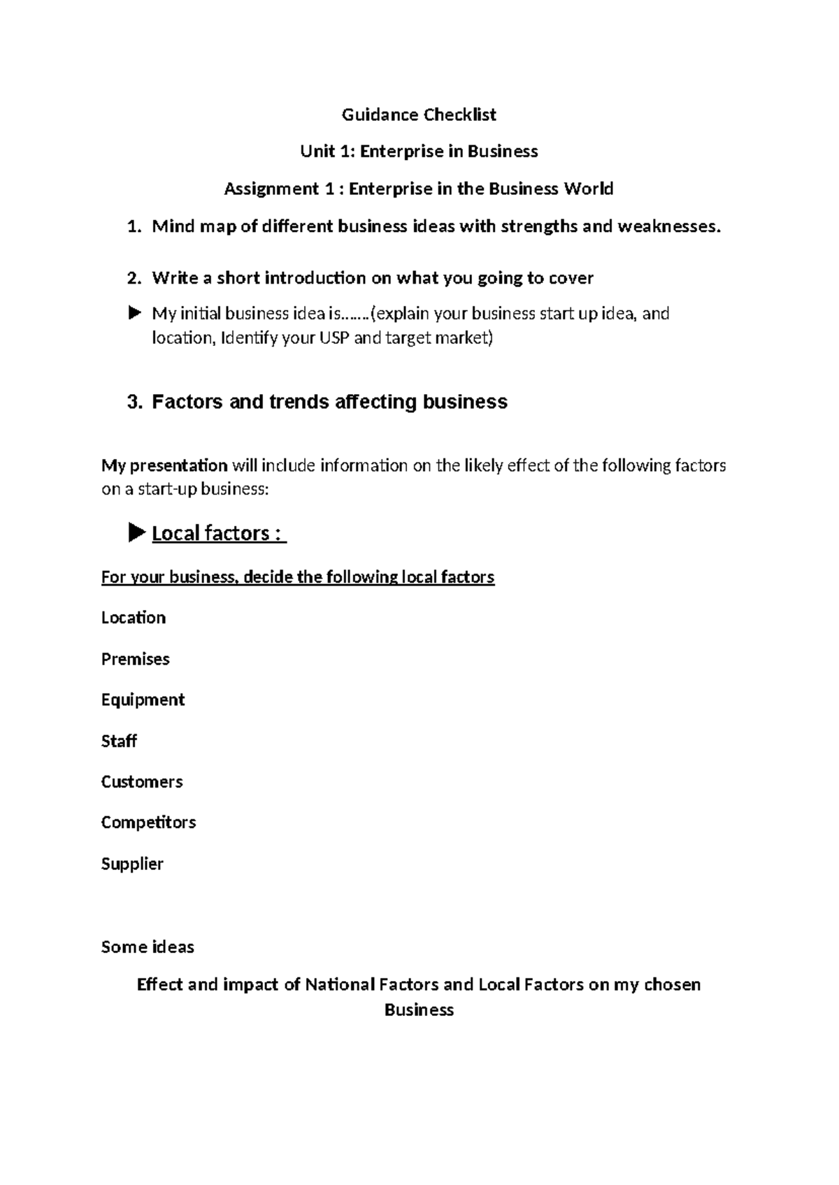 Guidance Checklist Assignment Unit 1 - Guidance Checklist Unit 1: Enterprise in Business ...