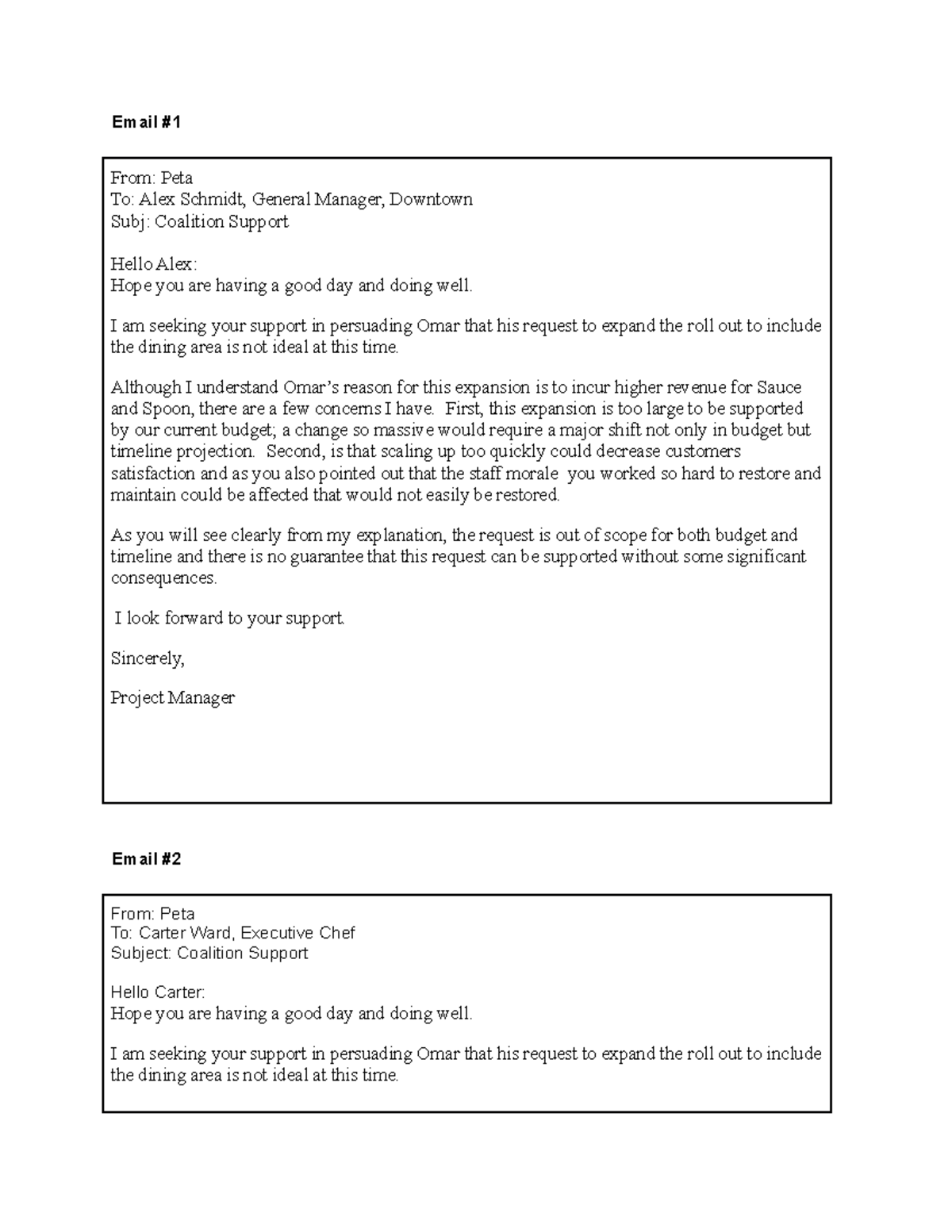 Activity Template Email Coalition - Email # From: Peta To: Alex Schmidt ...