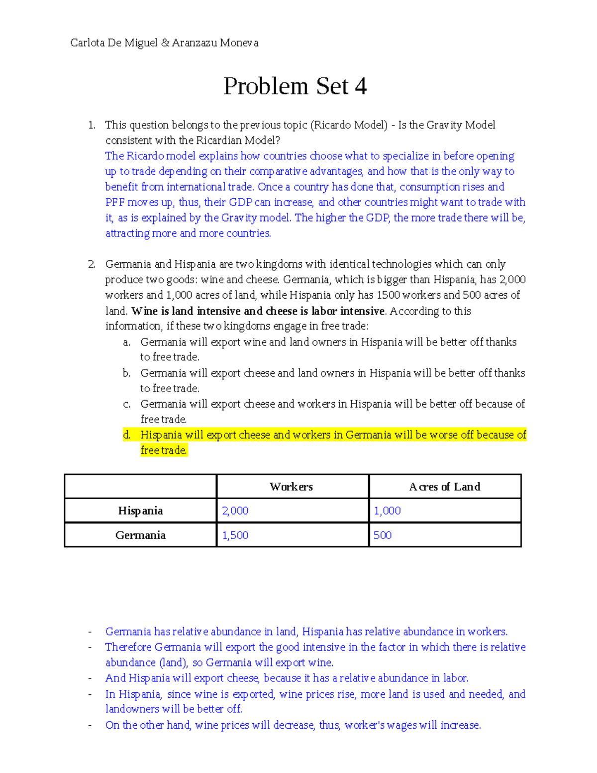 PS 4 - Problem Set 4- Economic Integration - Carlota De Miguel & Aranzazu Moneva Problem Set 4 ...