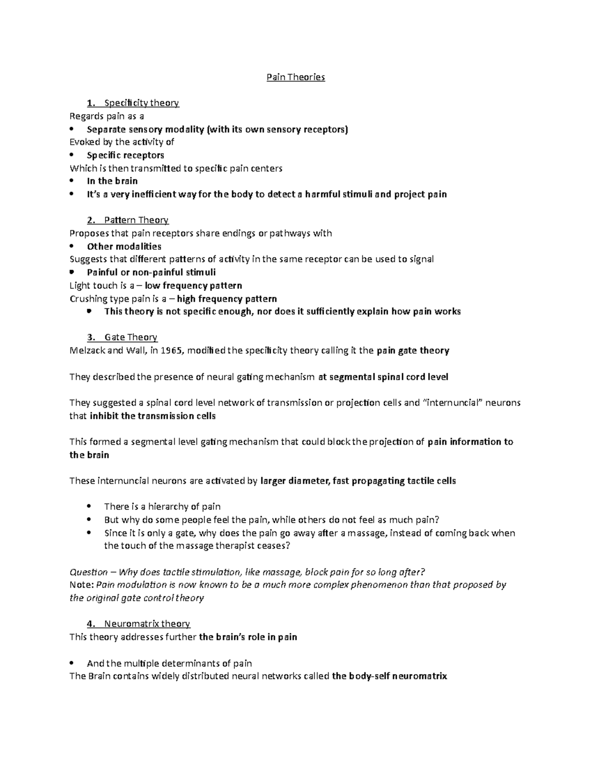 2019 0916 pain-class 2 - Pain Theories Specificity theory Regards pain ...
