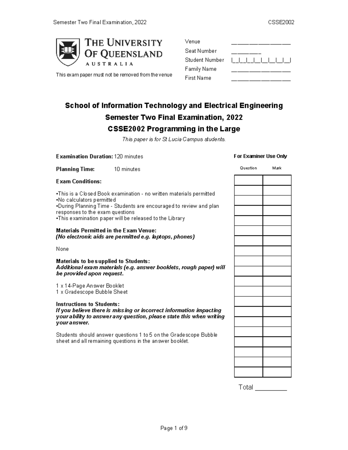 Semester Two Final Examinations 2022 CSSE2002 - This exam paper must not be removed from the ...