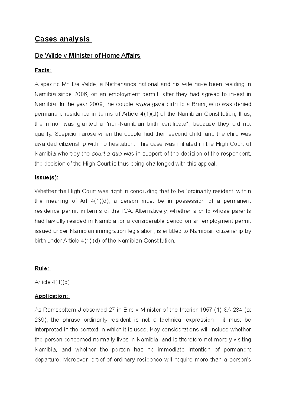 Cases analysis de wilde - Cases analysis De Wilde v Minister of Home Affairs Facts: A specific ...