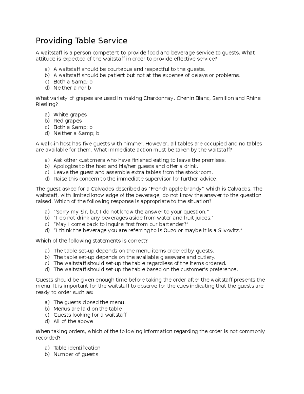 Hospitality Management Exam Part 2 - Providing Table Service A ...