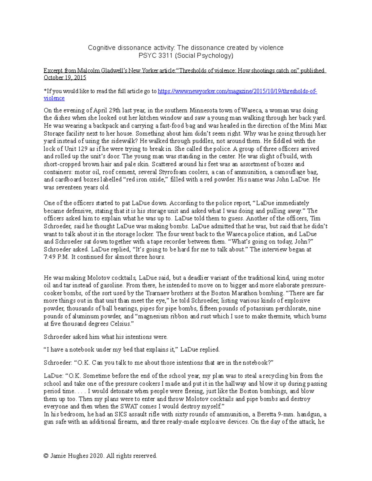 Dissonance Activity schoolshooting - Cognitive dissonance activity: The ...