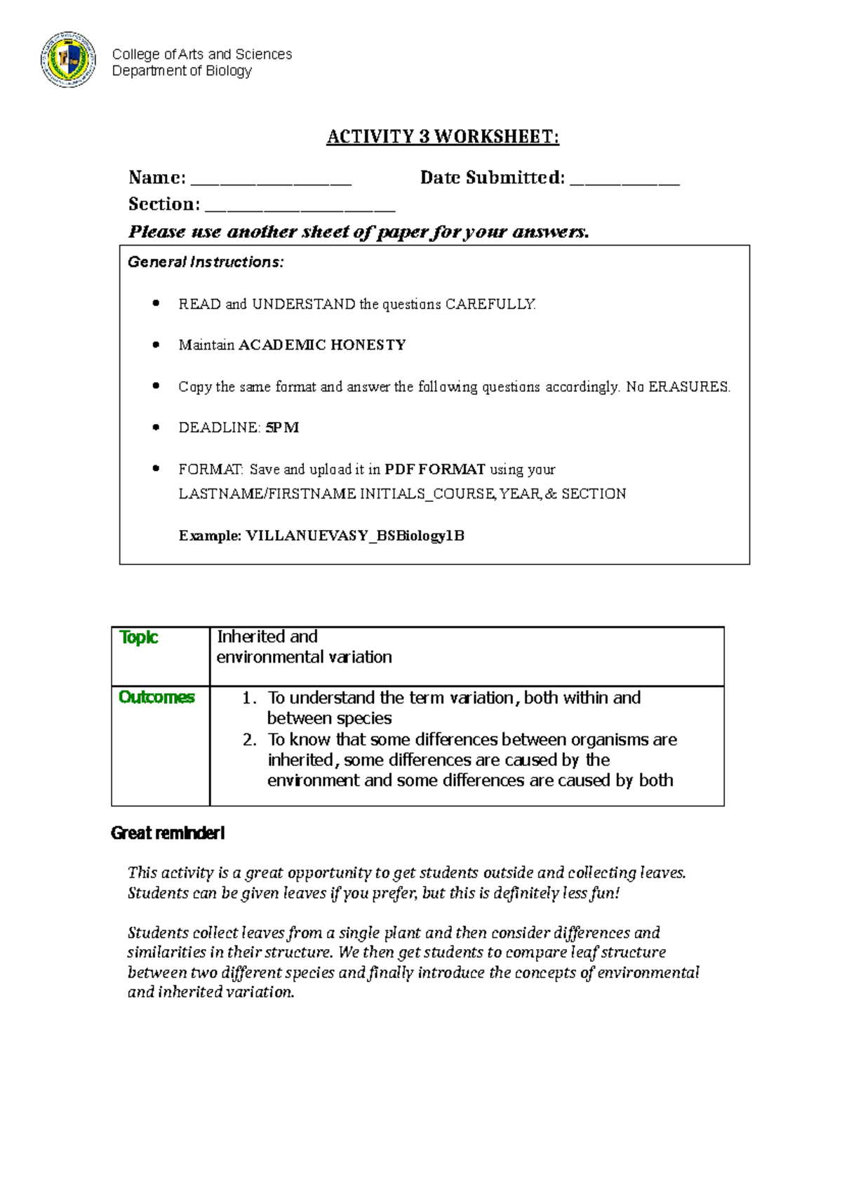 Activity Worksheet - Module 3- Animal Systematics - Department of ...