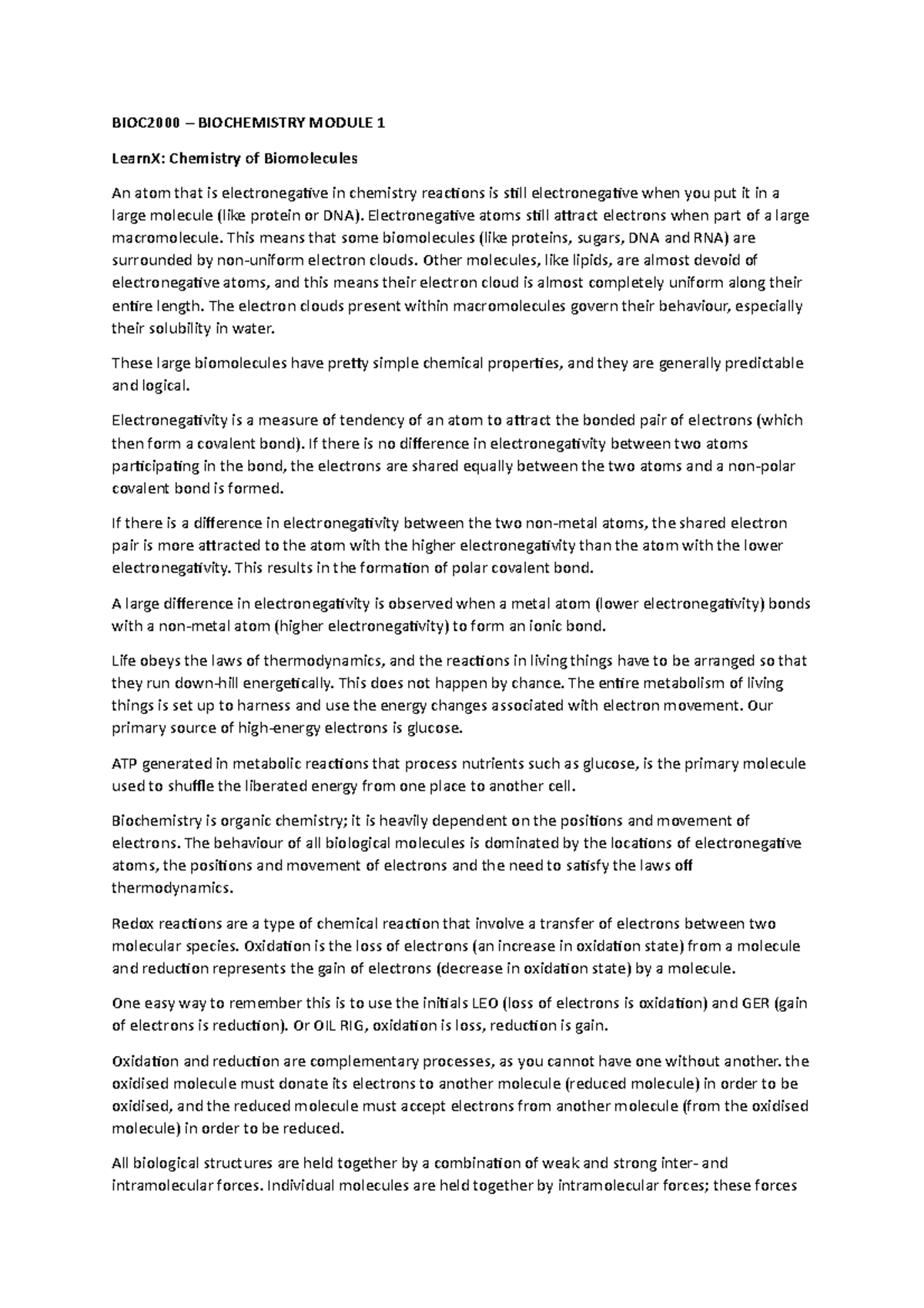 BIOC2000 Module 1 - BIOC2000 – BIOCHEMISTRY MODULE 1 LearnX: Chemistry of Biomolecules An atom ...