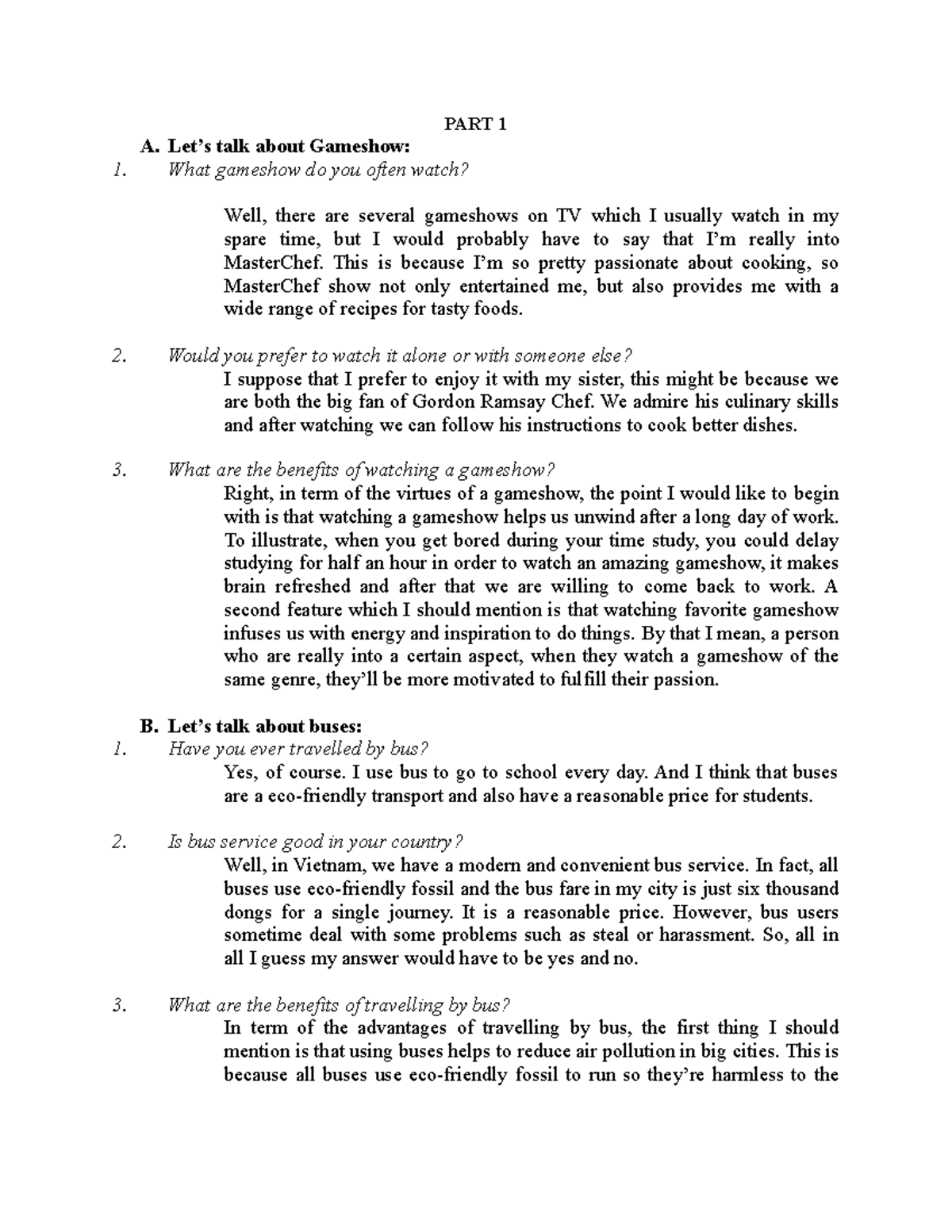 Speaking PART 1 ĐÁP ÁN - PART 1 A. Let’s talk about Gameshow: What ...
