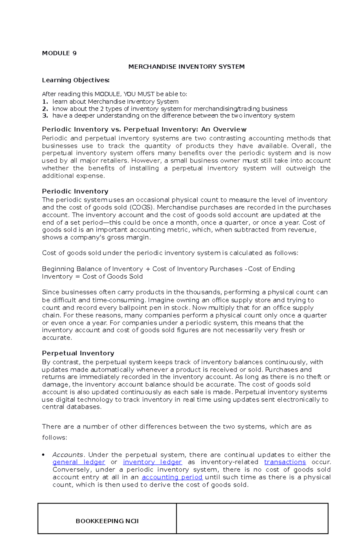 Module #9 in Bookkeeping - MODULE 9 MERCHANDISE INVENTORY SYSTEM ...