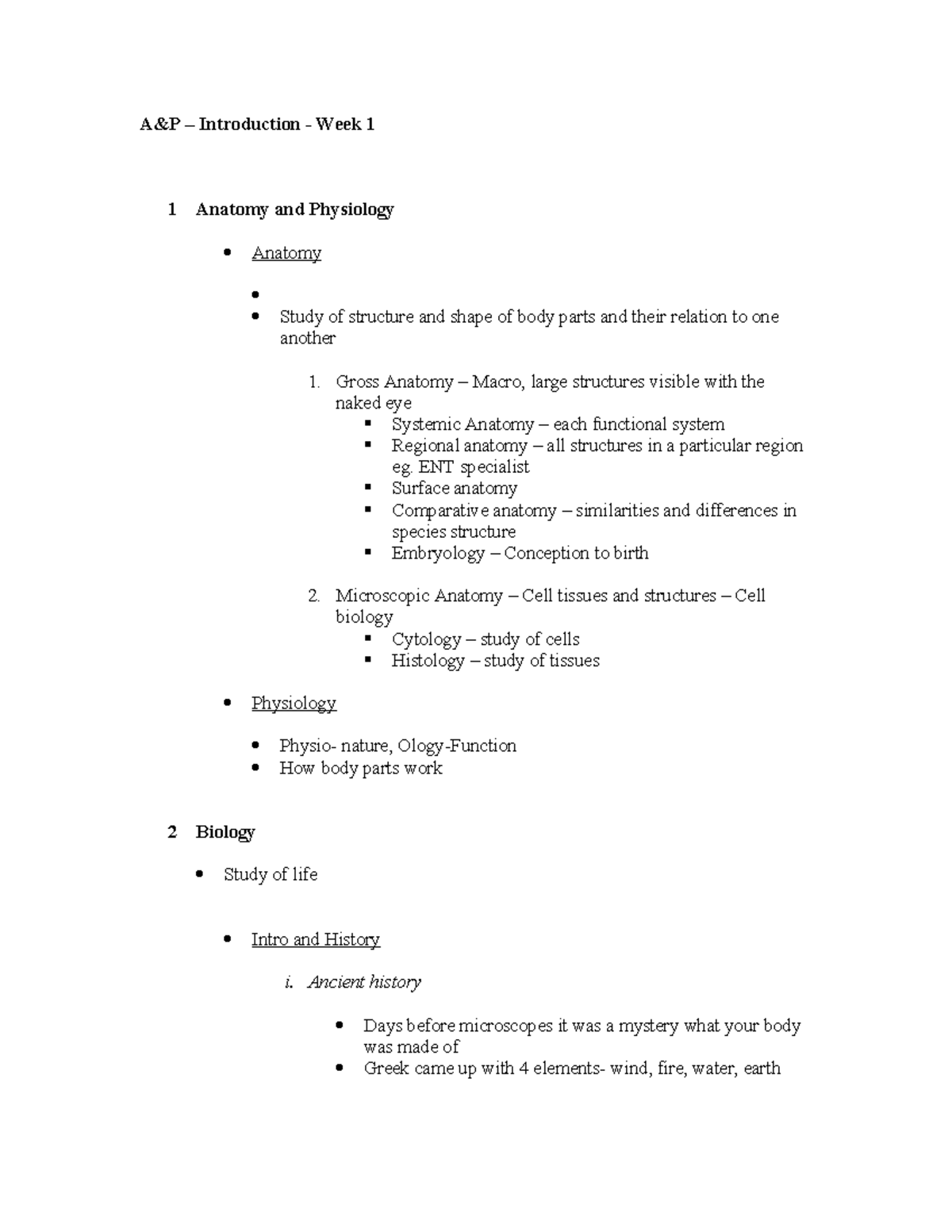 A&PI Week 1 Student notes - A&P – Introduction - Week 1 1 Anatomy and ...