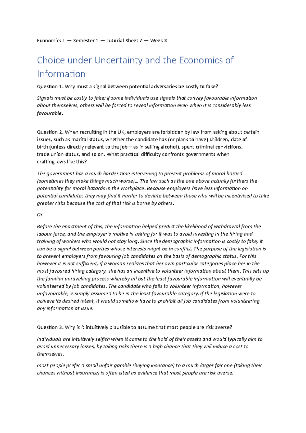 Economics 1 — Semester 1 — Tutorial Sheet 7 — Week 8 - Economics 1 ...