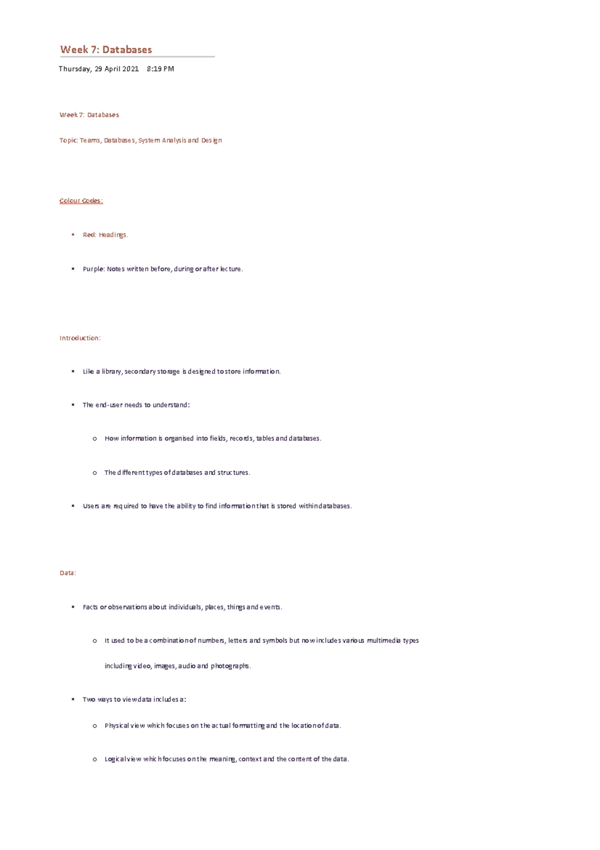 COMP1010 - Week 7 - Databases - Week 7: Databases Thursday, 29 April 2021 8:19 PM Week 7 ...