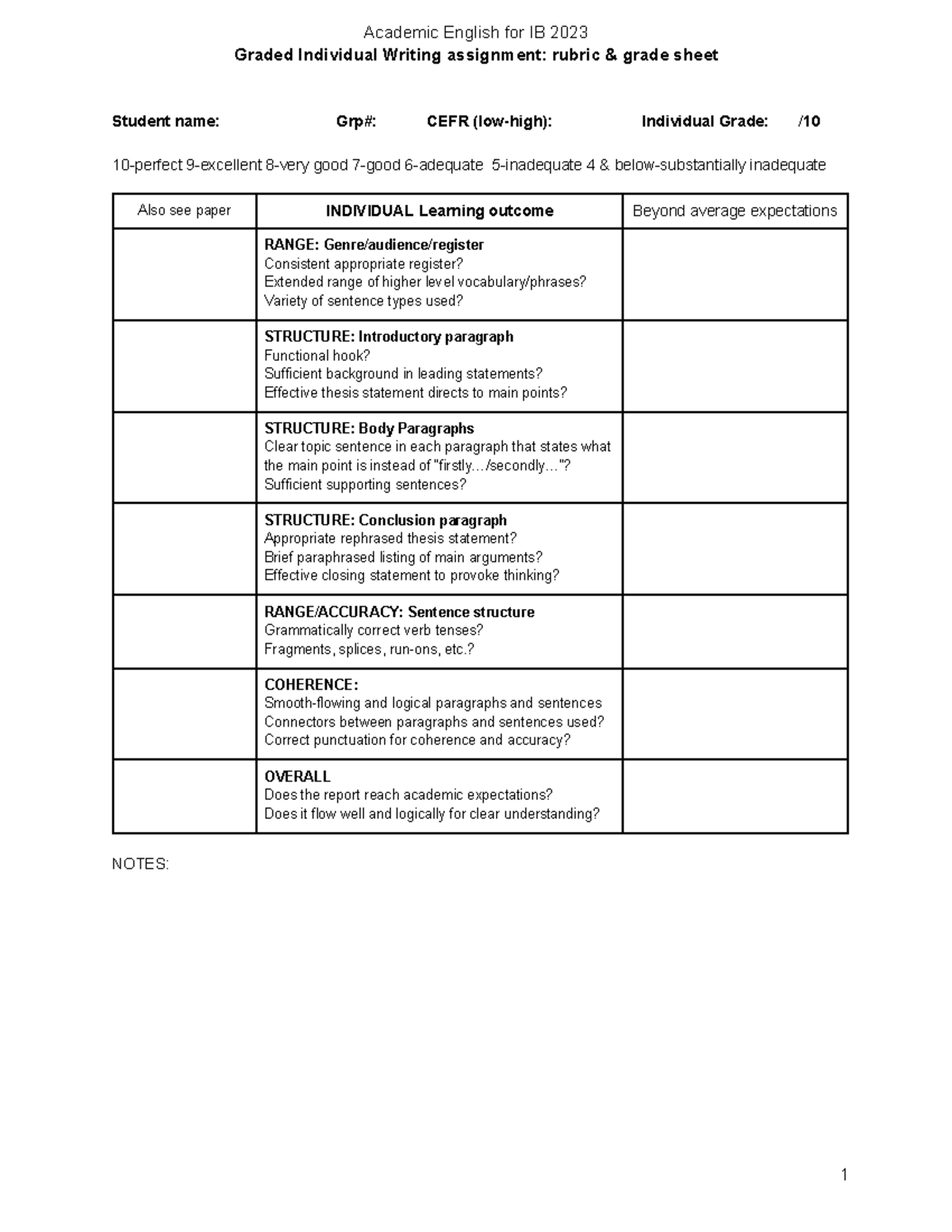 Mock Exam - Indiv Writing rubric and grade sheet - Academic English for ...