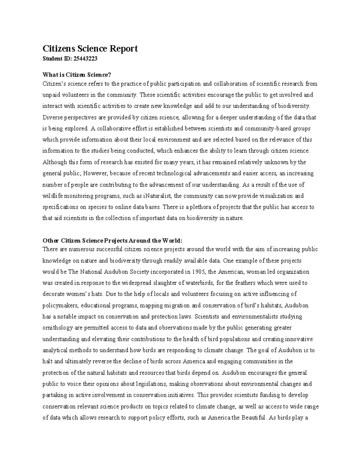 Citizen Science Report - Citizens Science Report Student ID: 25443223 ...