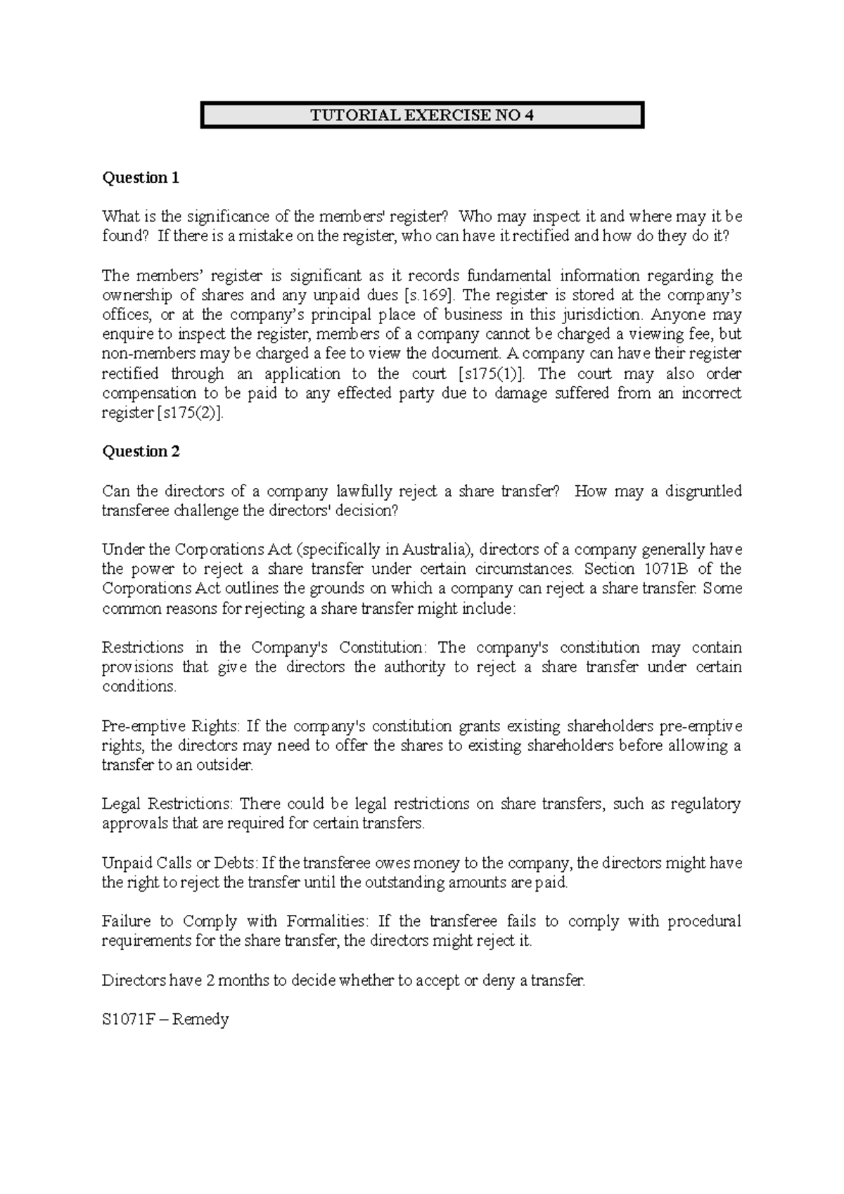 LAWS2301 - Tutorial - W4 - TUTORIAL EXERCISE NO 4 Question 1 What is ...