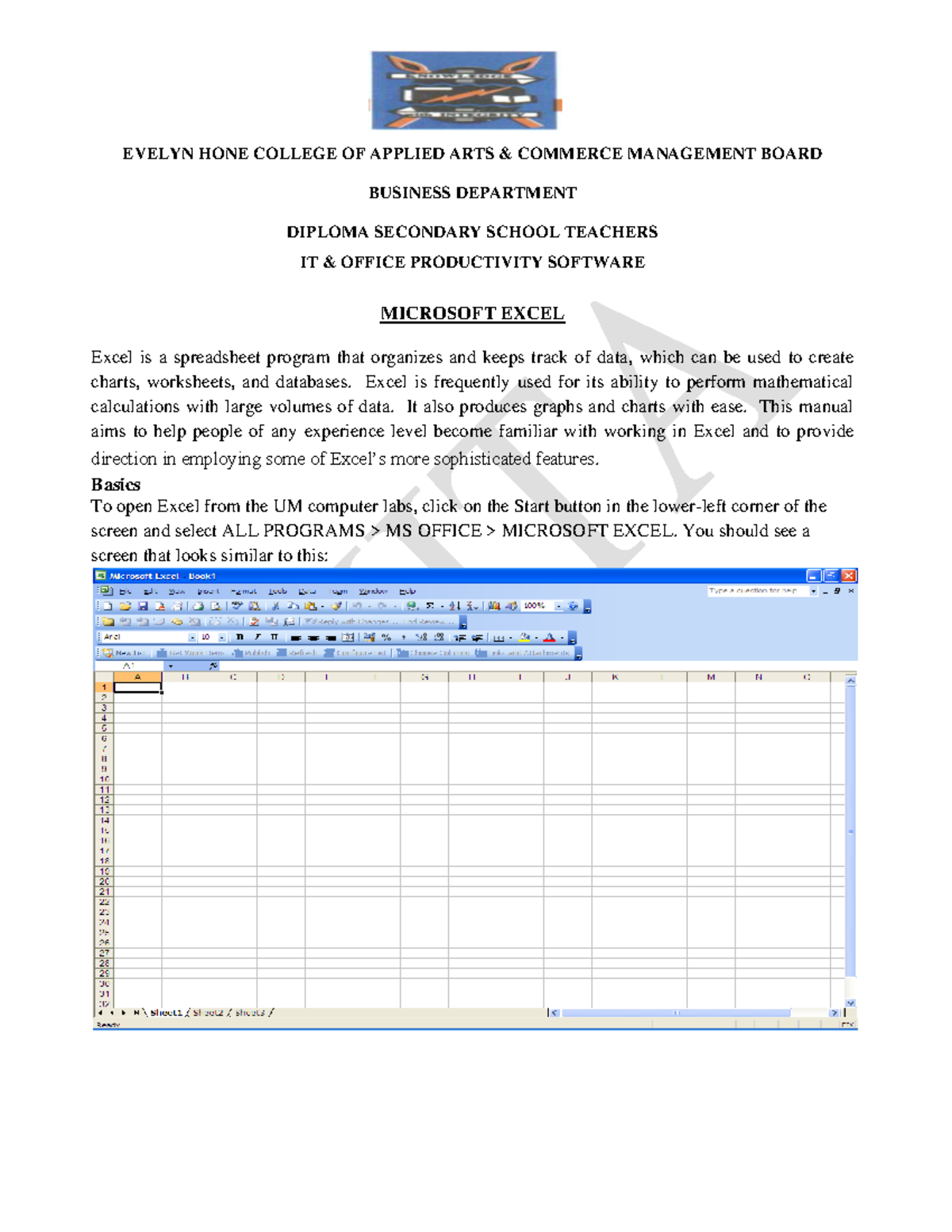 Excel Handout - NOTES - EVELYN HONE COLLEGE OF APPLIED ARTS & COMMERCE ...