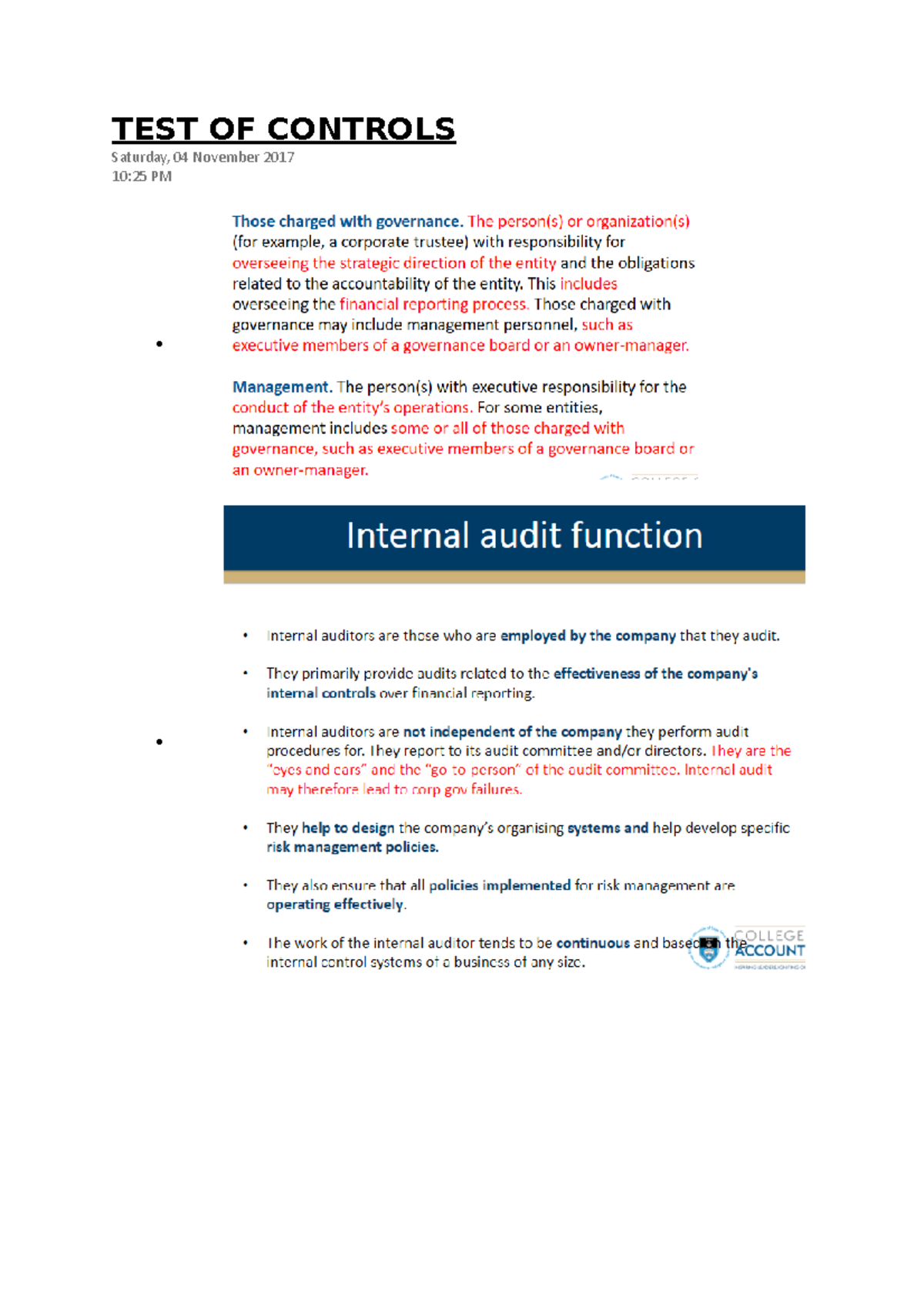 Test of Controls - Summary of the section - TEST OF CONTROLS Saturday ...