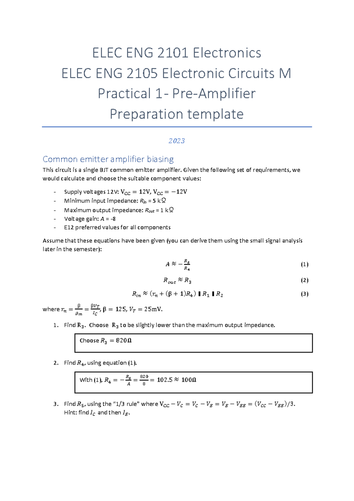 EC1-Pre Amp - preparation Stage 2 - ELEC ENG 2101 Electronics ELEC ENG ...