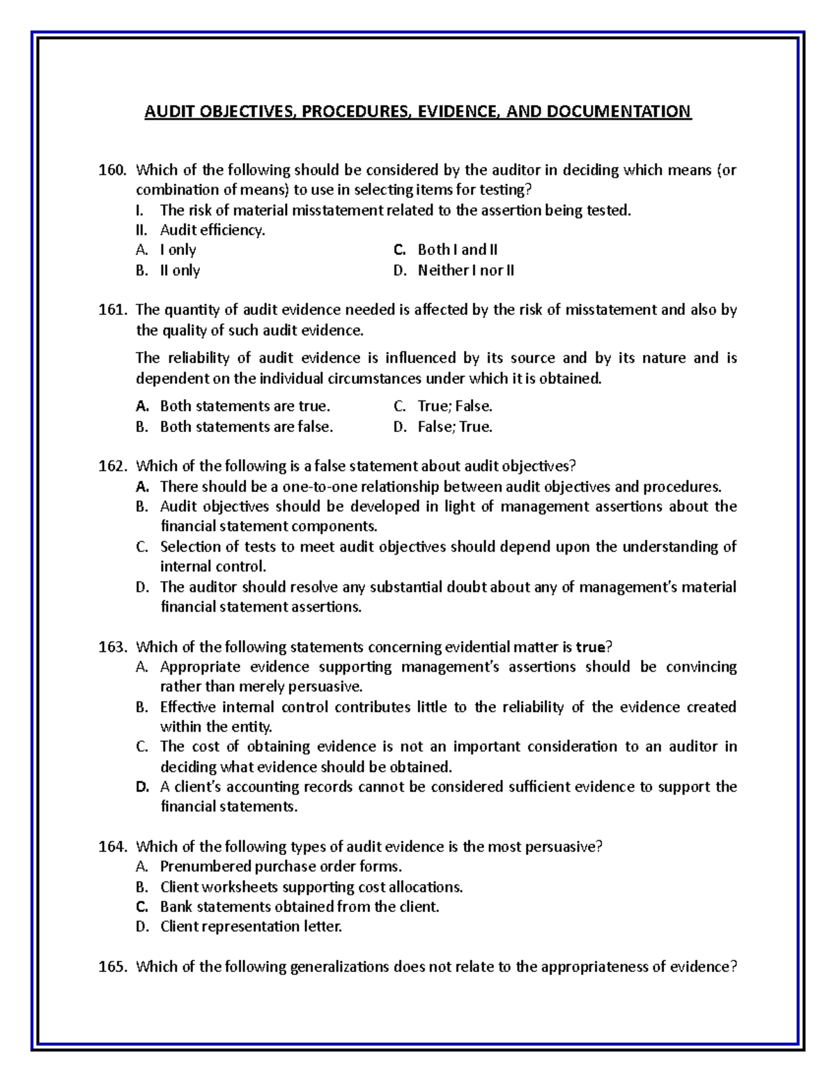 Audit Objectives, Procedures, Evidence, AND Documentation - AUDIT ...