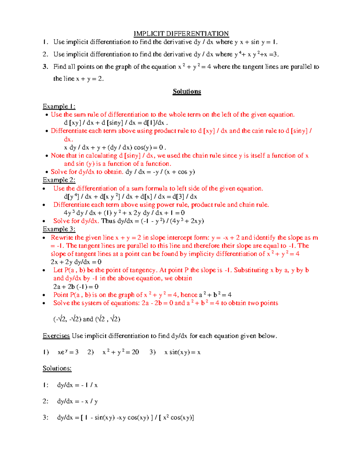 Implicit diffentiation exercise work them out - IMPLICIT ...