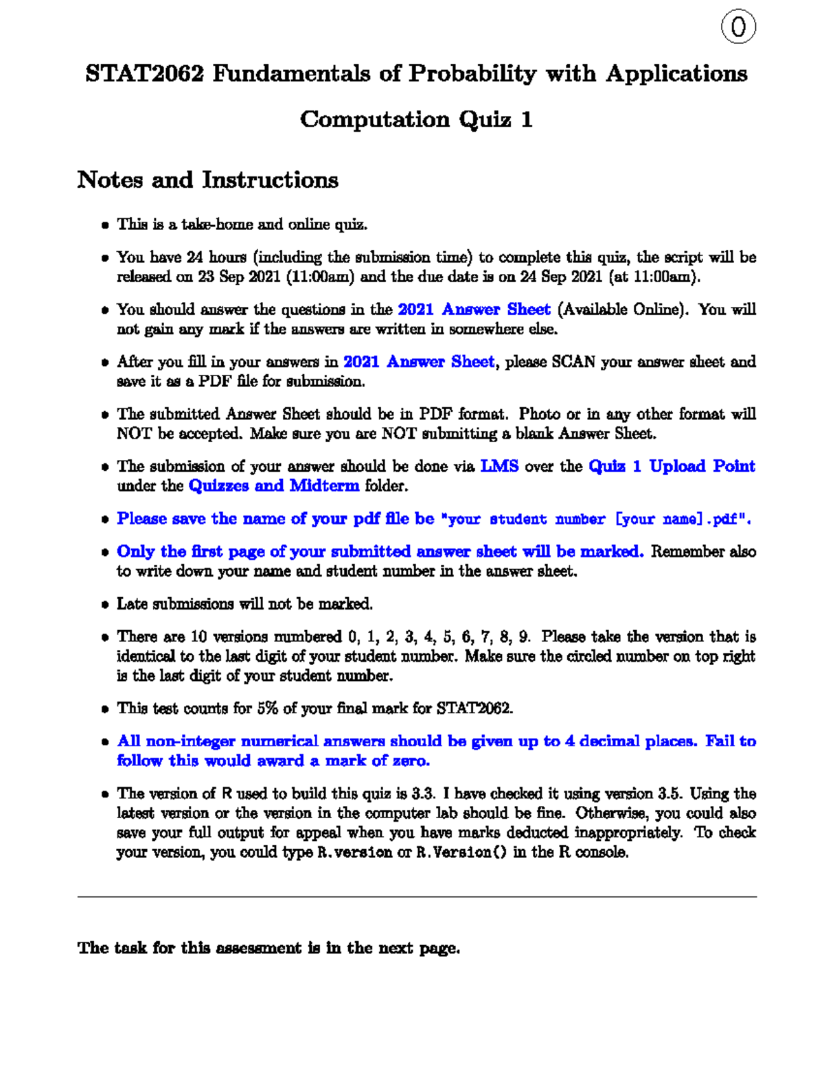 STAT2062 2021 Quiz 1 Version 0 - 0 STAT2062 Fundamentals of Probability with Applications - Studocu
