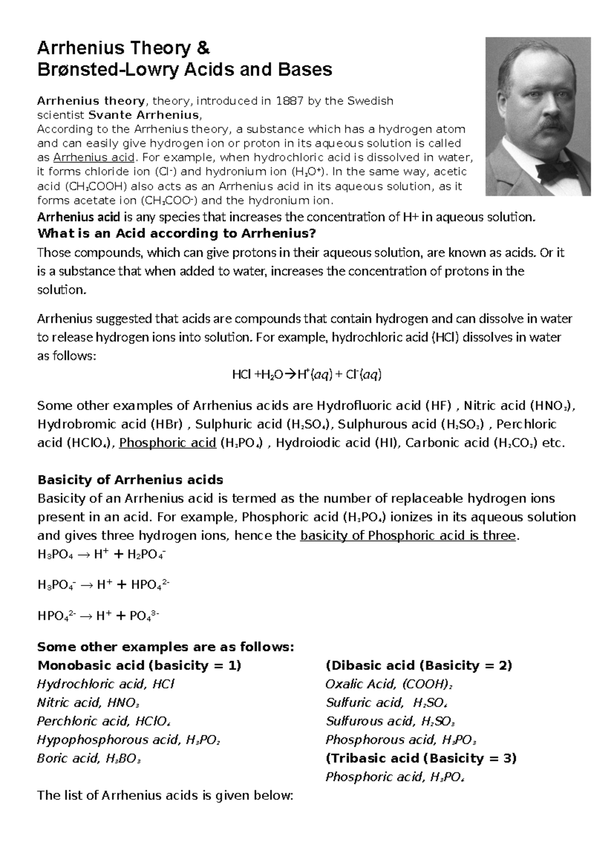 Arrhenius and Bronsted lowry acid base - Arrhenius Theory & Brønsted-Lowry Acids and Bases - Studocu