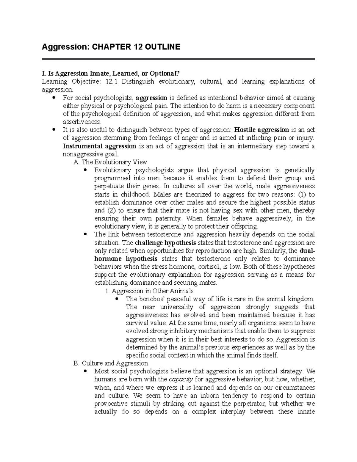 Chapter 12 - Aggression - Aggression: CHAPTER 12 OUTLINE I. Is ...