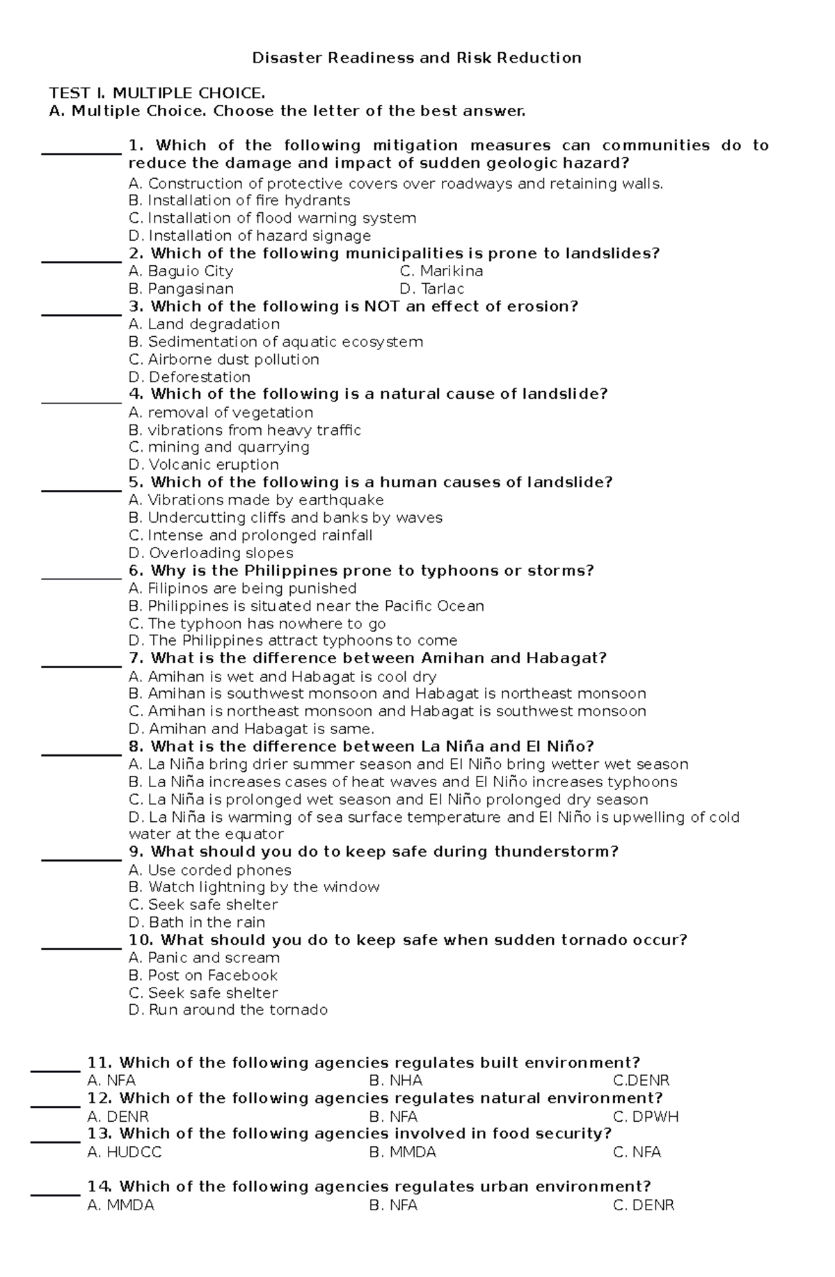 DRRR-Second Quarter Examination with Table of Specification - Disaster ...
