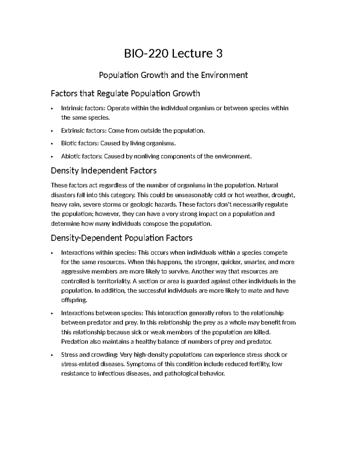 BIO220-week 3 lecture notes - BIO-220 Lecture 3 Population Growth and ...