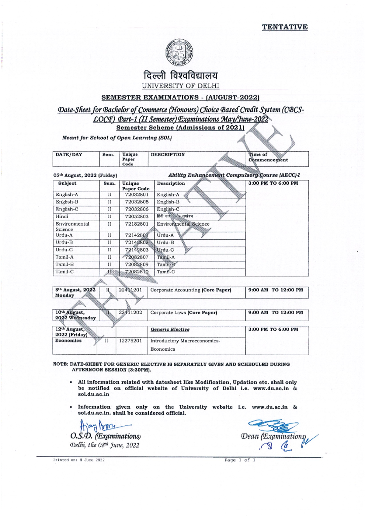 Tentative date sheet B. Com (Hons) Sem.II sol-09-06-2022 - B.Sc(H ...