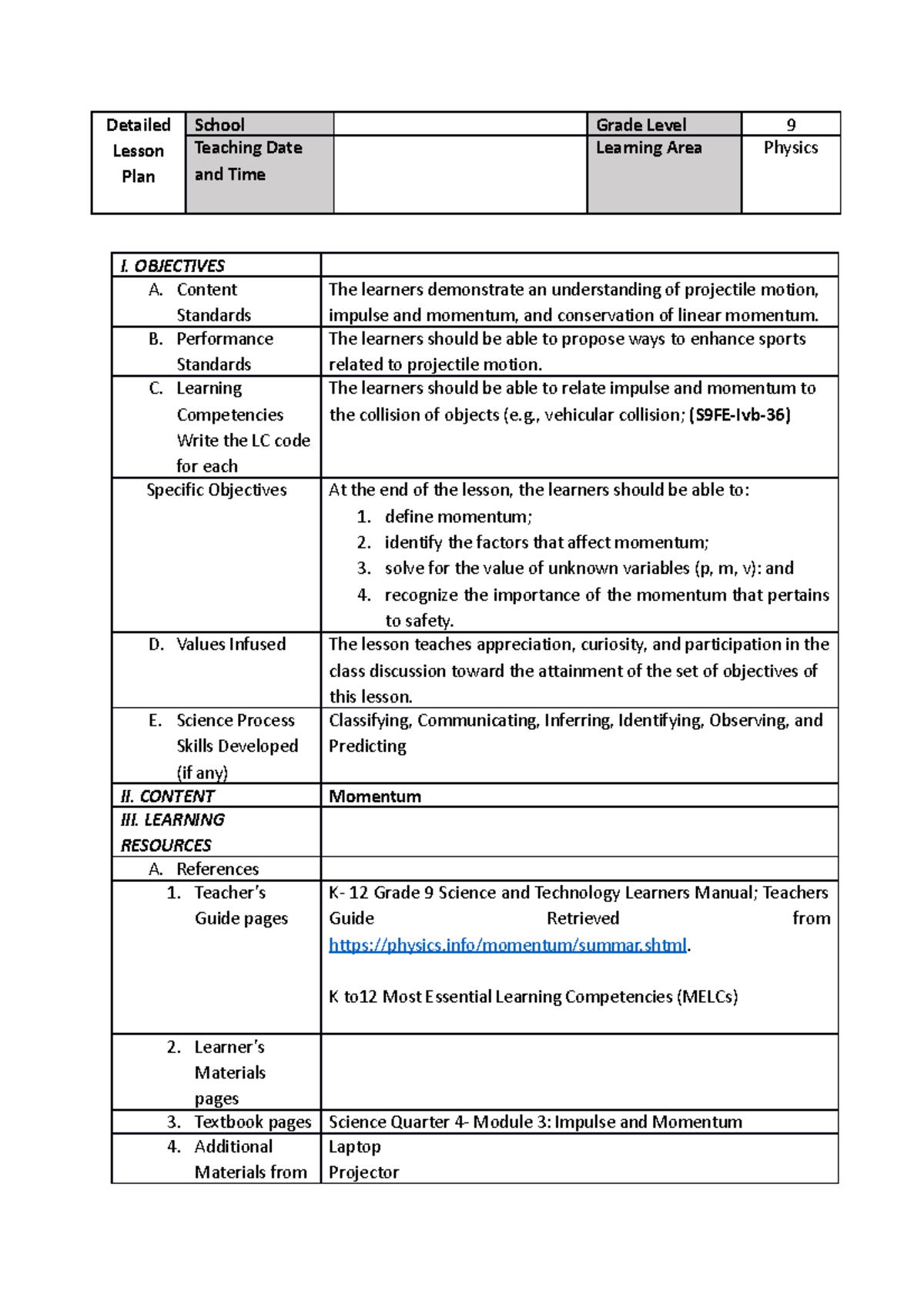 Grade 9 Momentum - Detailed Lesson Plan School Grade Level 9 Teaching ...