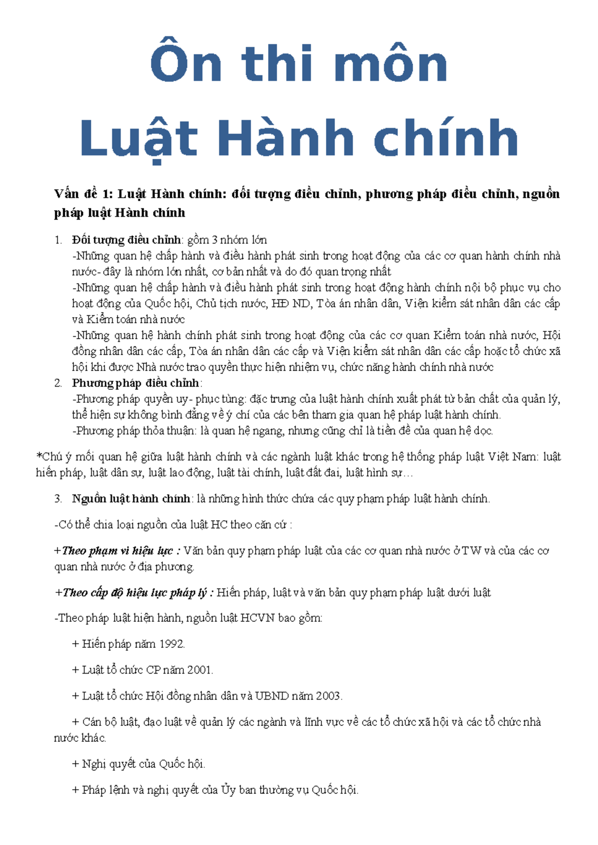 Tài liệu ôn thi HC 1 1 - kkk - Ôn thi môn Luật Hành chính Vấn đề 1 ...