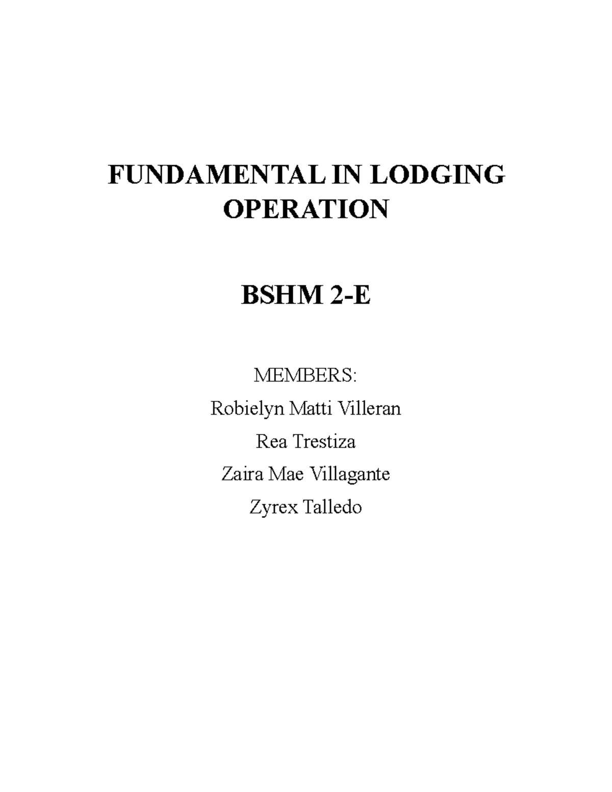 FILO (Group 4) - NONE - FUNDAMENTAL IN LODGING OPERATION BSHM 2-E ...
