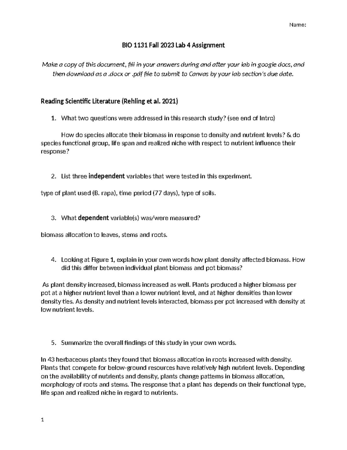 Copy of FA 23 Lab Exercise 4 Experimental Design and Plant Competition ...