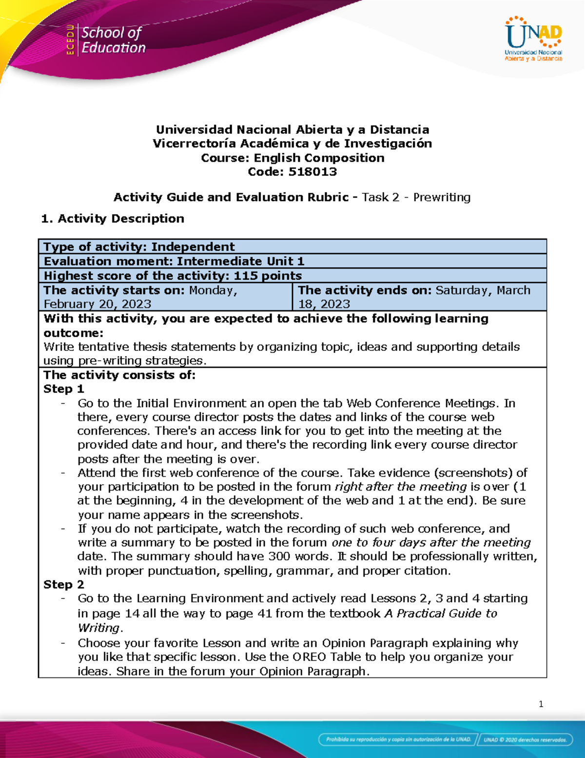 Activity Guide and Evaluation Rubric - Unit 1 - Task 2 - Prewriting ...