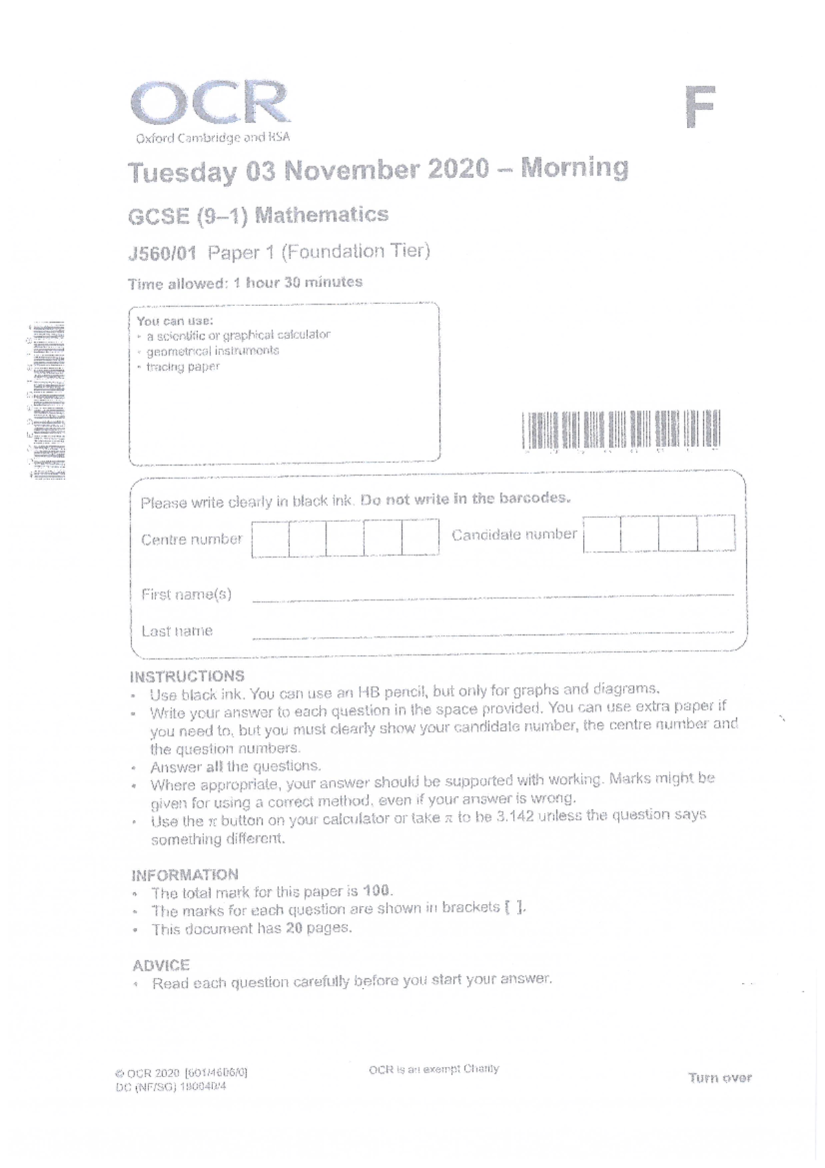 OCR GCSE Maths November 2020 Paper 1 Foundation - OCR F Oxford ...