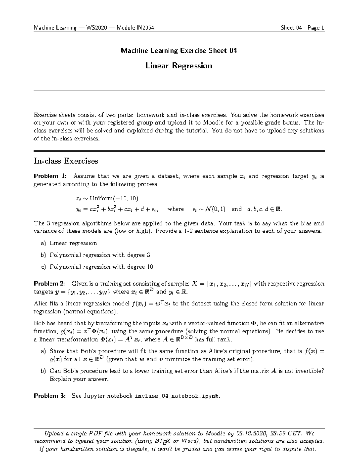 Exercise 04 linear regression - Machine Learning Exercise Sheet 04 ...