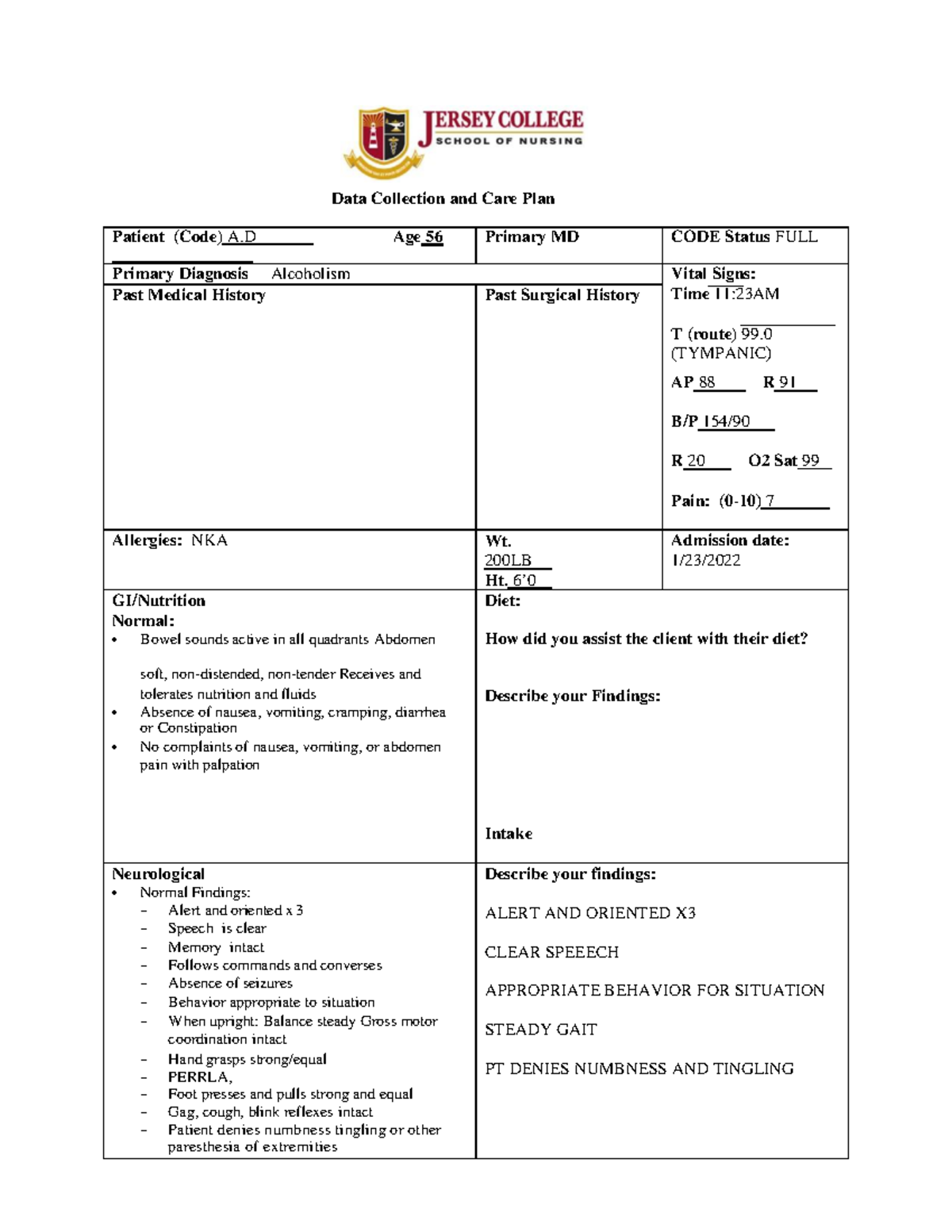 Care Plan complete - Data Collection and Care Plan Patient (Code ) A ...