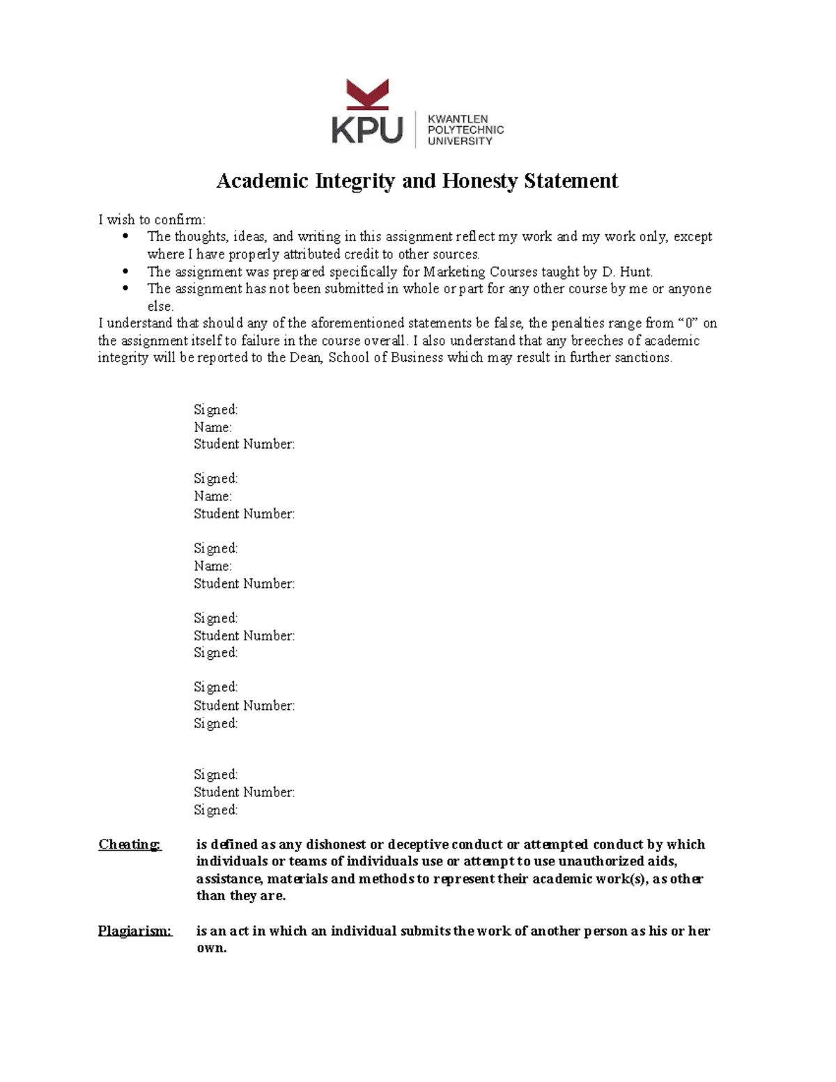 Academic Integrity and Honesty Statement - The assignment was prepared ...