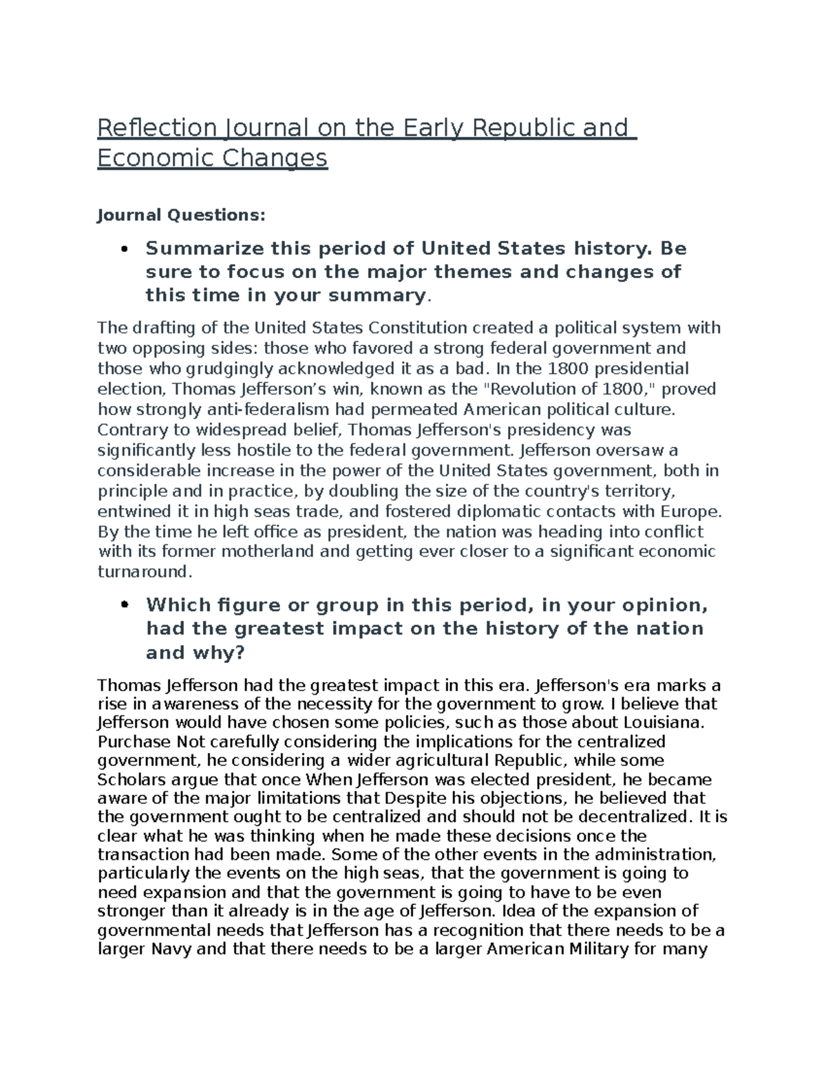 Reflection Journal on the Early Republic and Economic Changes ...
