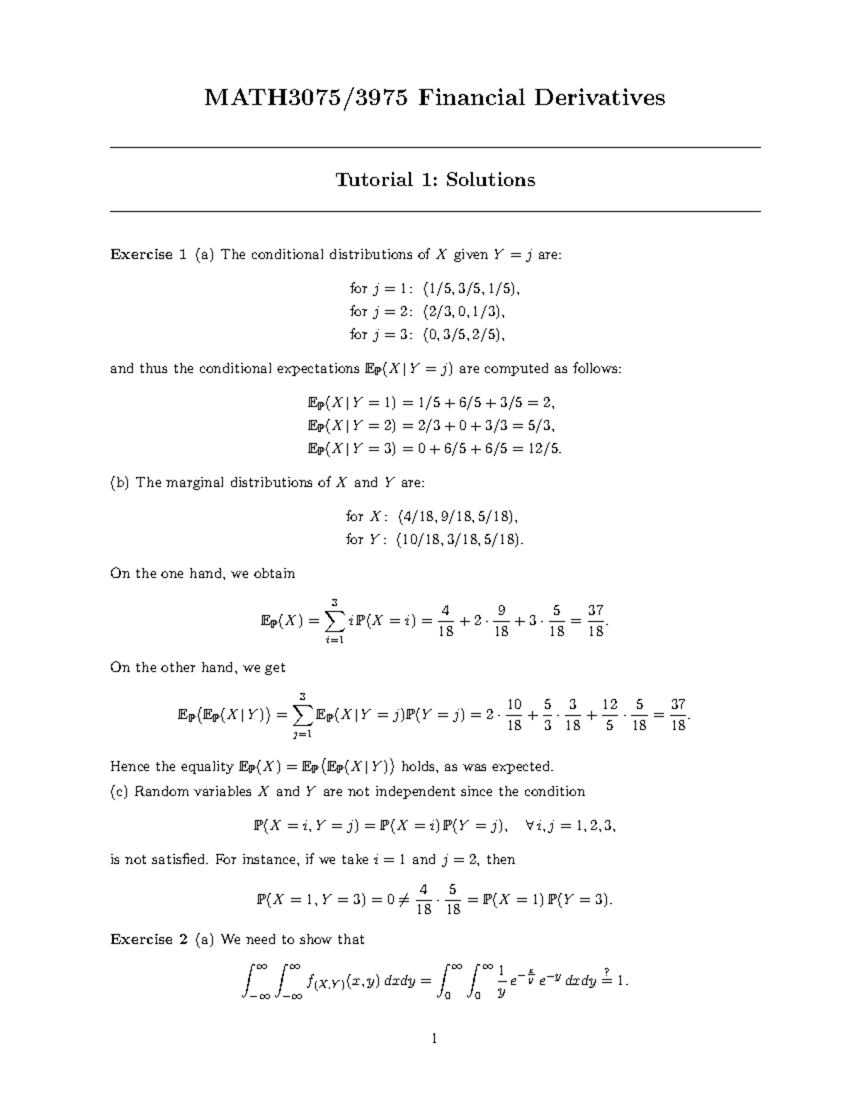 Tutorial Solution 1 - MATH3075 - MATH3075/3975 Financial Derivatives ...