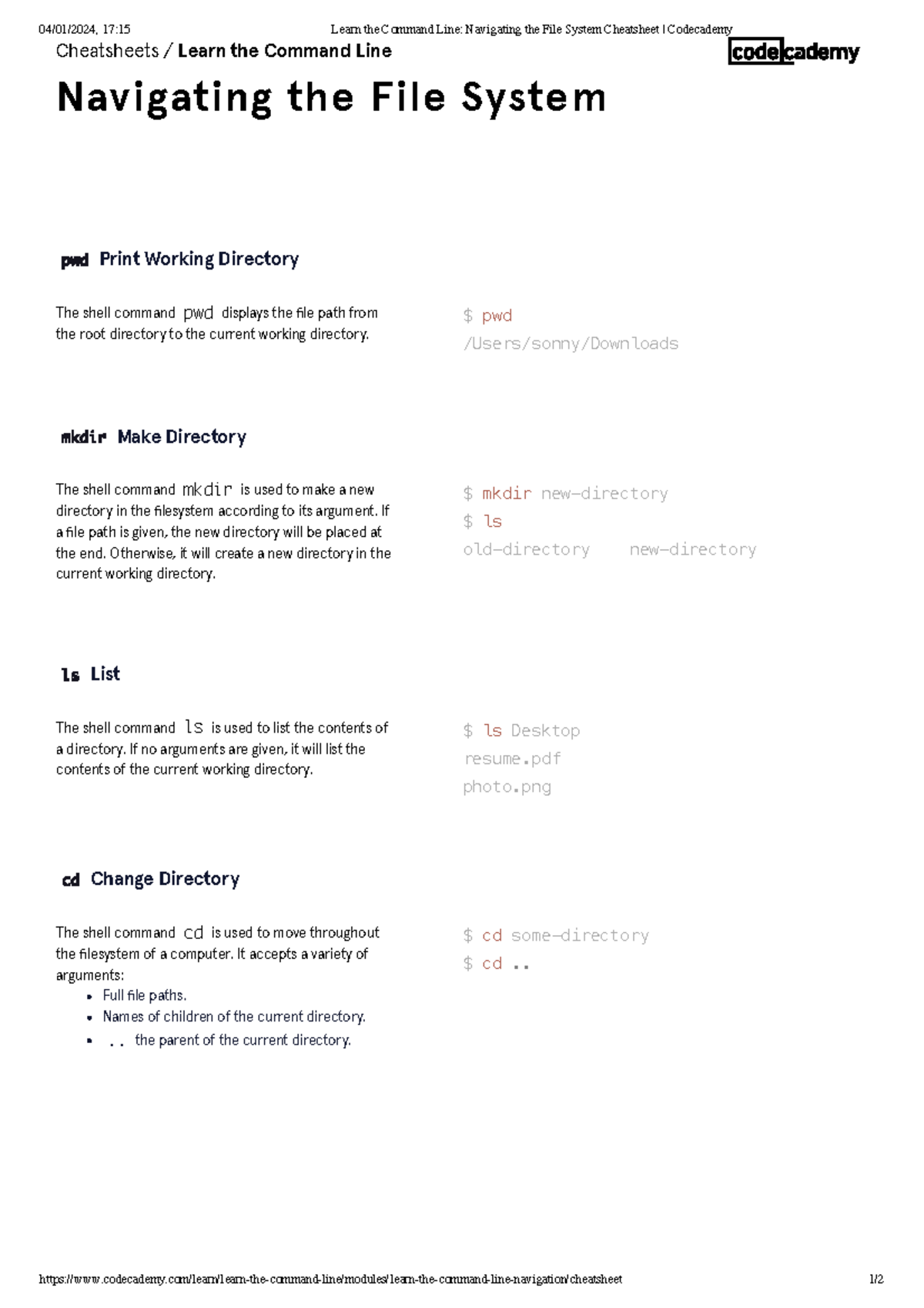 Learn The Command Line Navigating The File System Cheatsheet Codecademy 7307