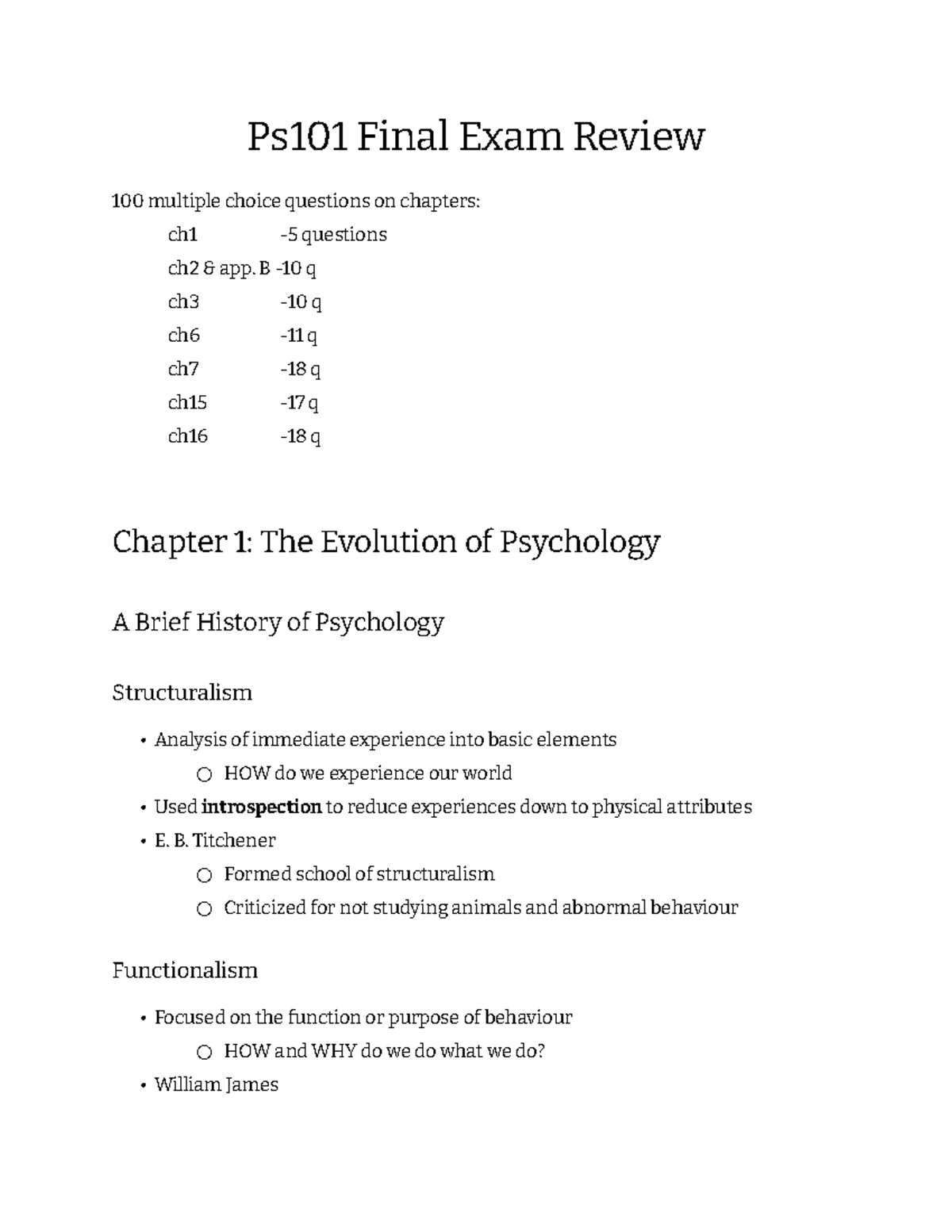 Ps101 Final Exam Review - B -10 q ch3 -10 q ch6 -11 q ch7 -18 q ch15 ...