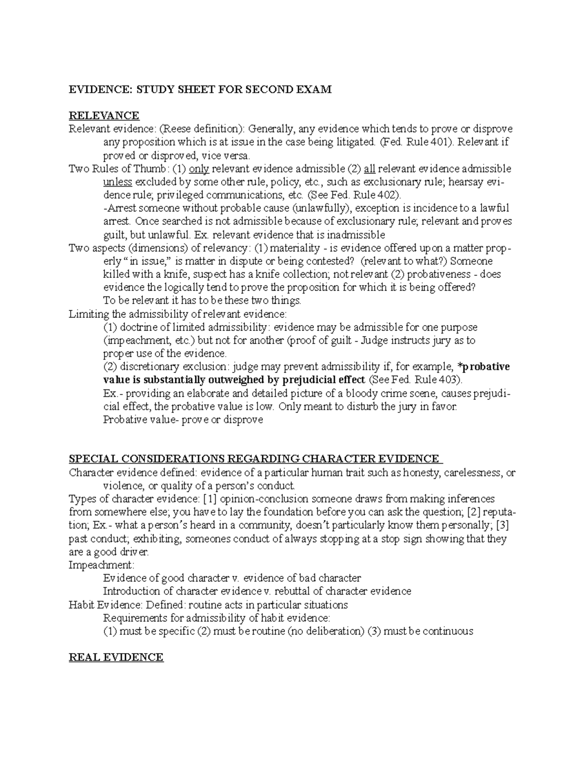 Evidence Lecture Notes - EVIDENCE: STUDY SHEET FOR SECOND EXAM ...