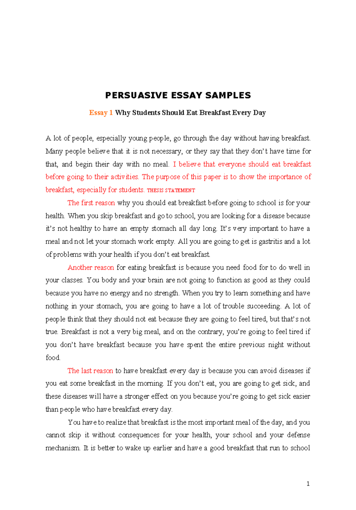 Persuasive speech - PERSUASIVE ESSAY SAMPLES Essay 1 Why Students ...