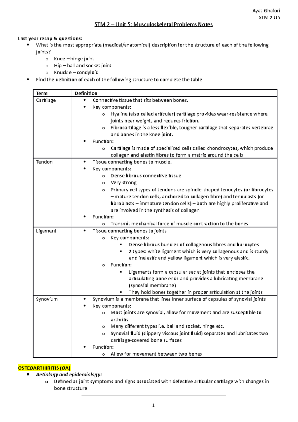 STM2 Unit 5 notes - STM 2 U STM 2 – Unit 5: Musculoskeletal Problems ...