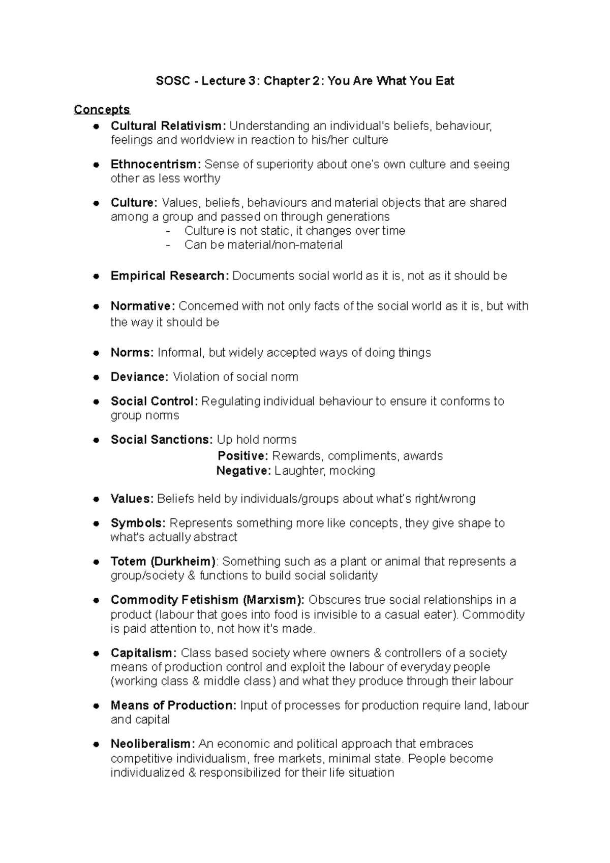 SOSC - Lecture 4 Chapter 2 You Are What You Eat - SOSC - Lecture 3: Chapter 2: You Are What You ...