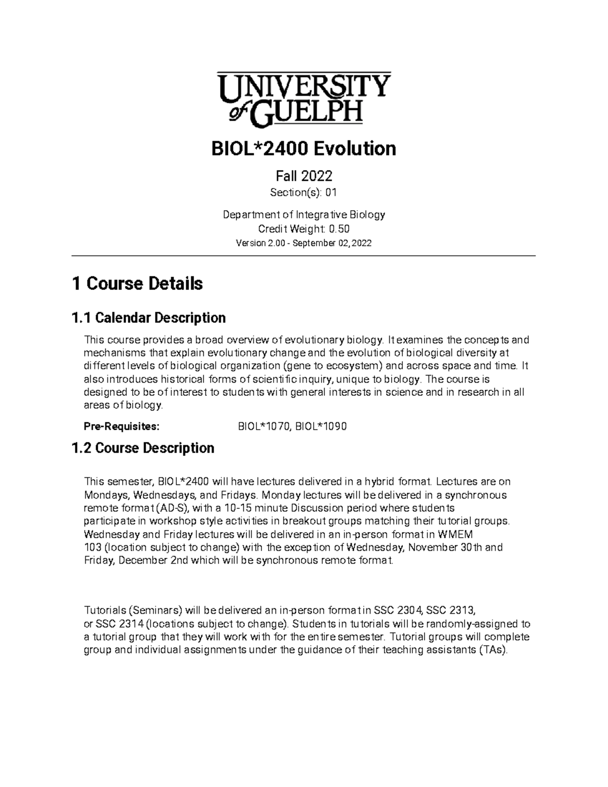 BIOL 2400 01 F22 7318 - Course outline for biology 2400 evolution ...