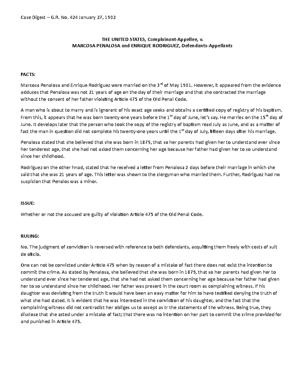 7. US v Penalosa GR No. 424 - January 27, 1902 - Case Digest – G. No ...